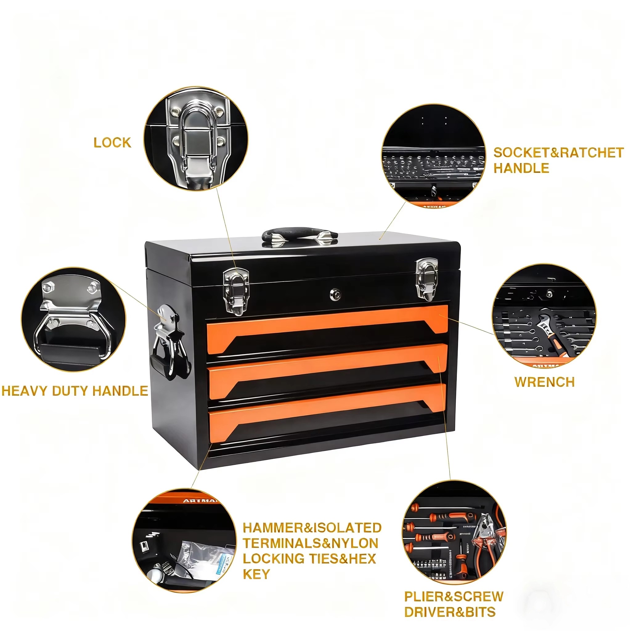 Tool Box with Tool Set 3 Drawer Metal Toolbox - AlterTool
